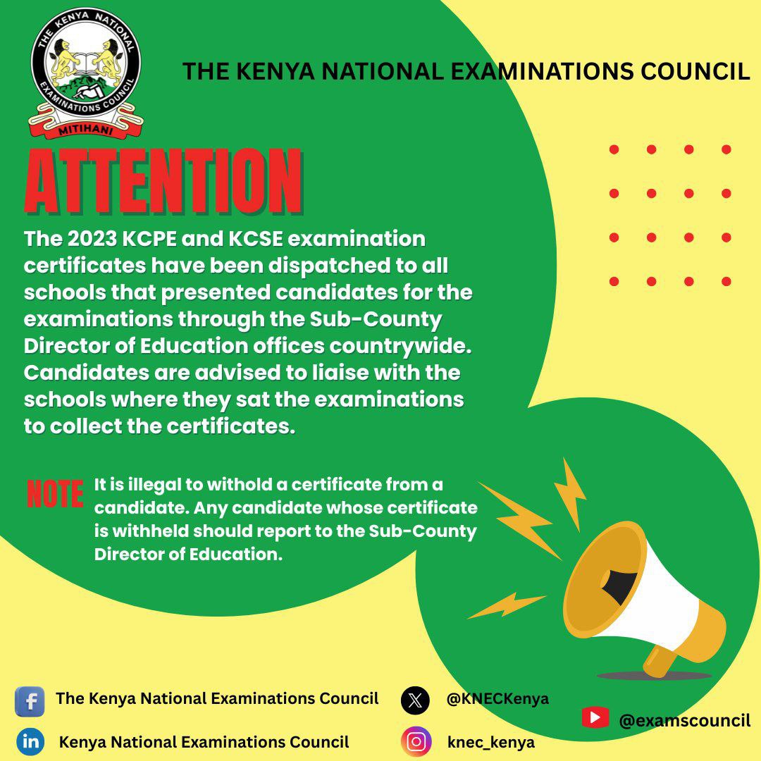 Knec dispatches 2023 KCSE and KCPE Certificates to Schools - Education ...