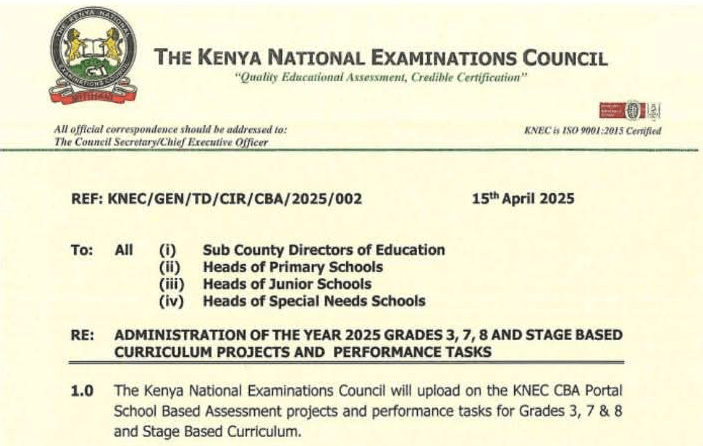 Knec circular on administration of Grade 3, 7 and 8 projects from 5th ...